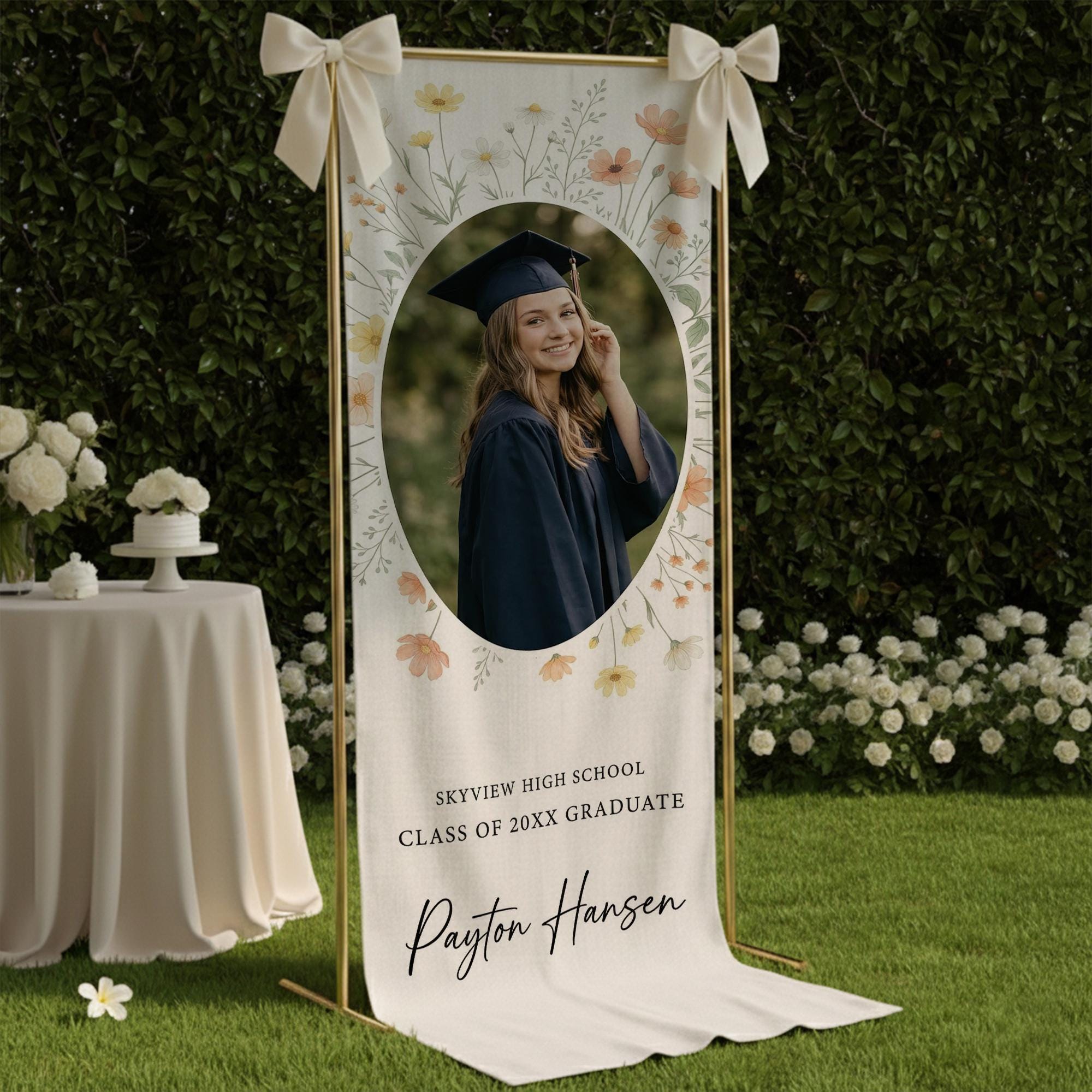 Personalized Graduation Banner: Floral Photo Vertical School Party Sign ...
