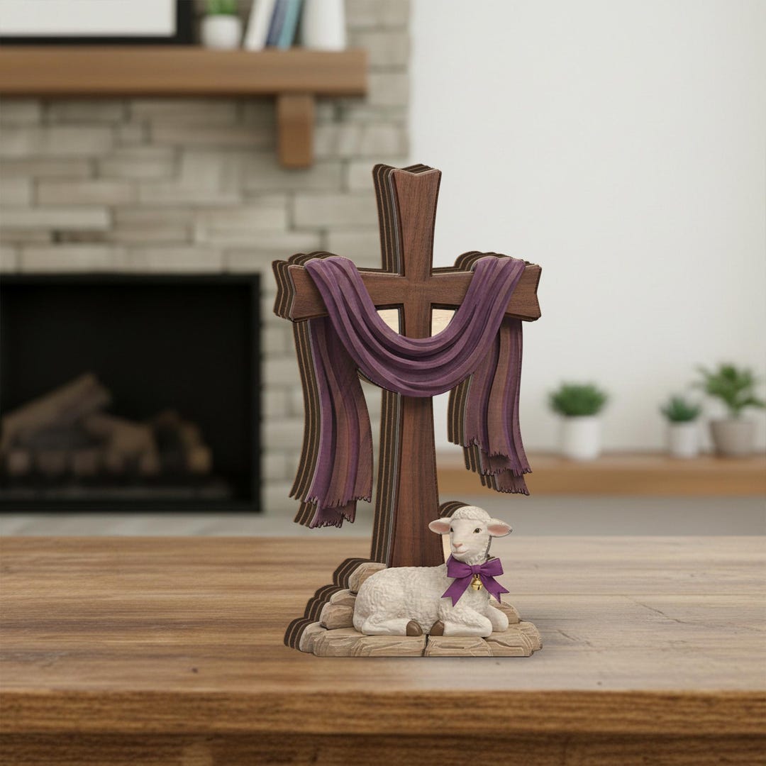 Wooden Cross Block Decor: Tabletop Christian Display With Lamb Figure ...