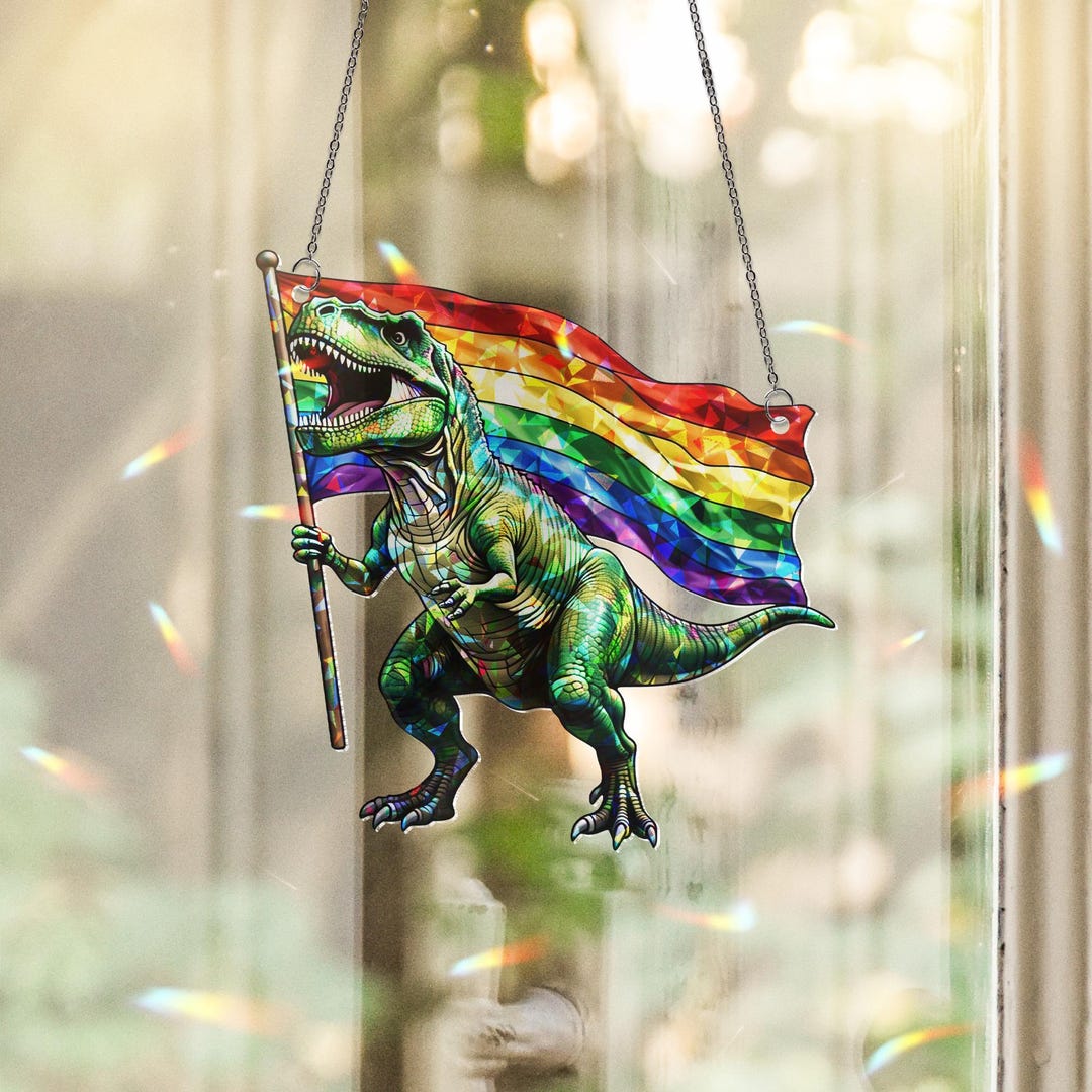 Pride Dinosaur Acrylic Window Hanging – Rainbow T-rex LGBTQ+ Hanging ...