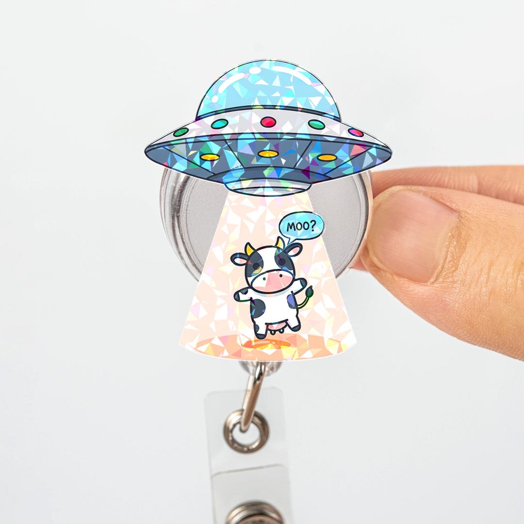 Holographic UFO Cow Abduction Badge Reel: Funny Alien ID Holder - Etsy