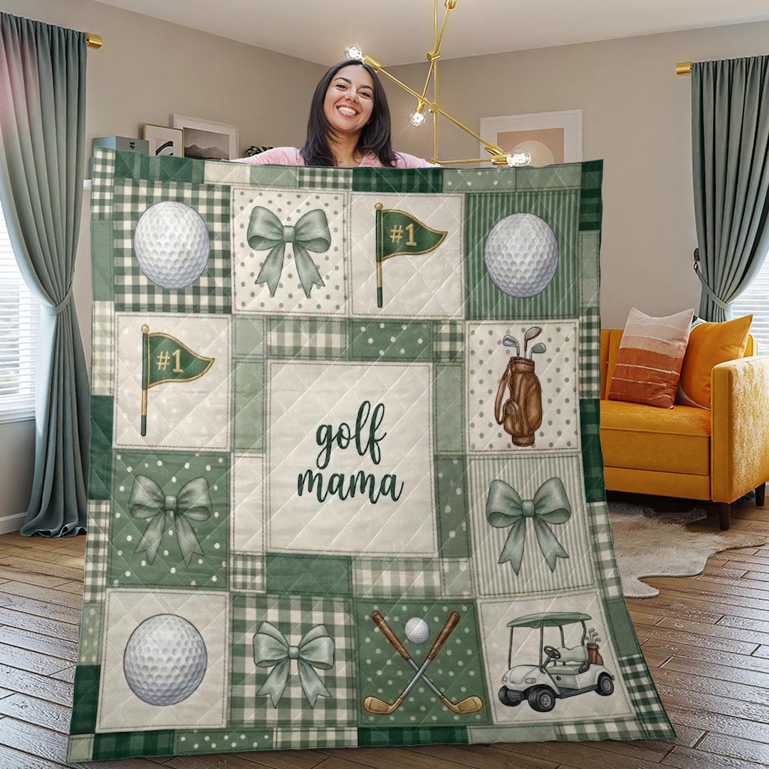 Polyester Quilt Blanket: Golf Mama Theme Patchwork Pattern, Green Plaid ...