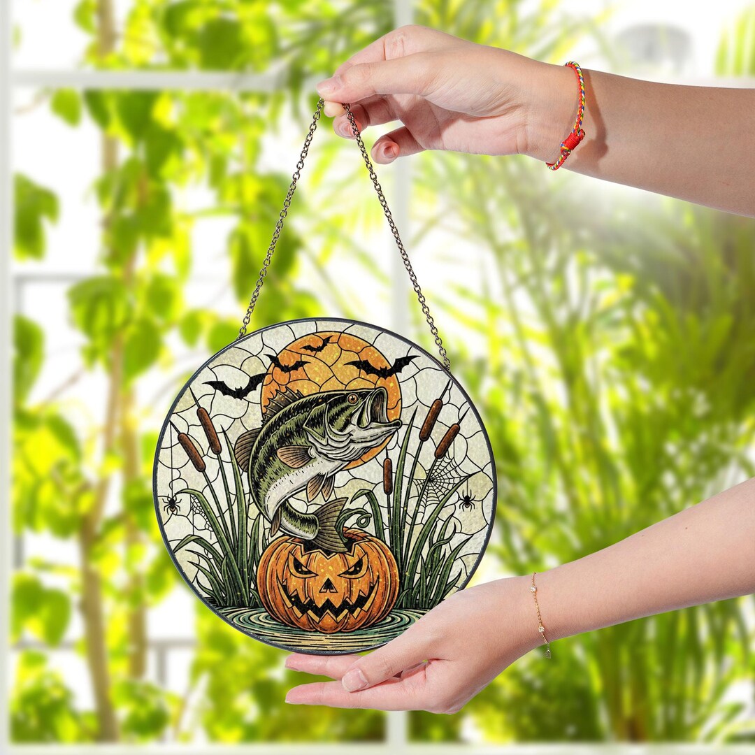 Halloween Bass Fishing Suncatcher: Pumpkin Window Hanging, Spooky ...