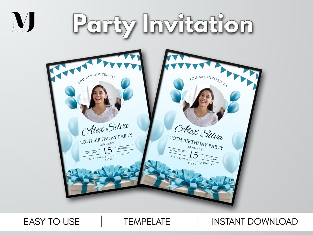 Blue Modern Birthday Party Invitation – Editable PDF Template ...