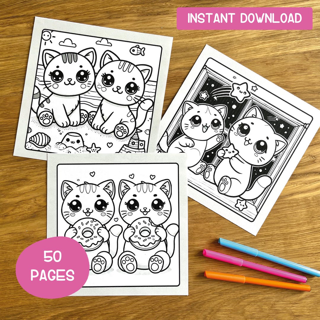 Printable Cat Coloring Book: 50 Kawaii Coloring Pages for Kids, Teens ...