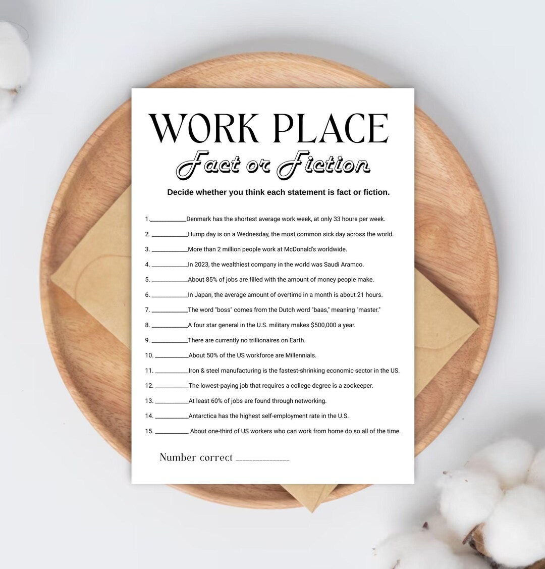 Workplace Fact or Fiction Game | Office Trivia (digital Download) - Etsy