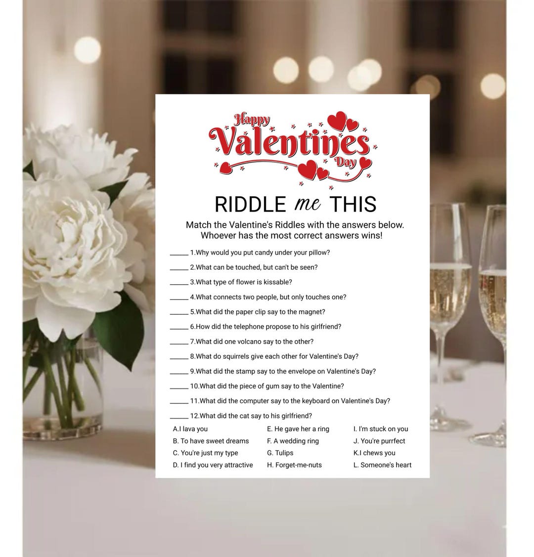 Valentine's Day Riddle Game | Printable Party Activity (instant ...