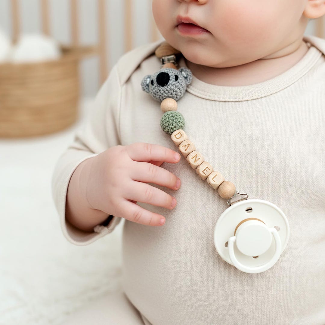 Custom Name Soft Crochet Pacifier Clip – Wooden Baby Dummy Holder ...