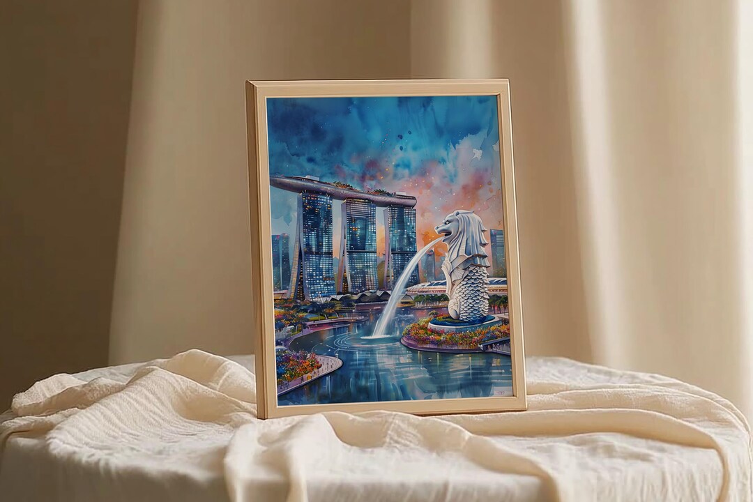 Singapore Skyline & Merlion – Digital Watercolor Poster Download - Etsy