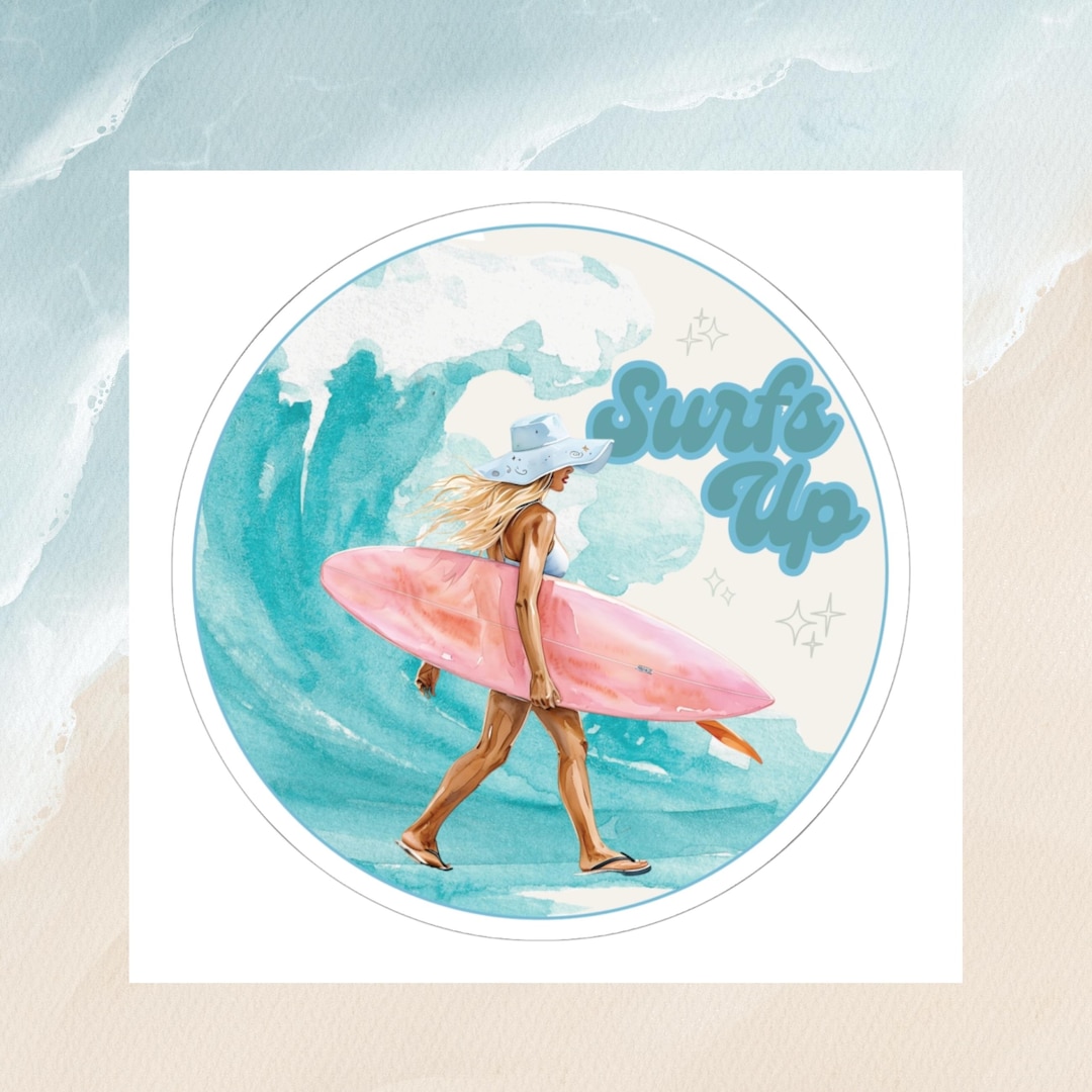Surfer Girl Sticker, Surfs Up, Stickers for Laptops, Water Bottles ...