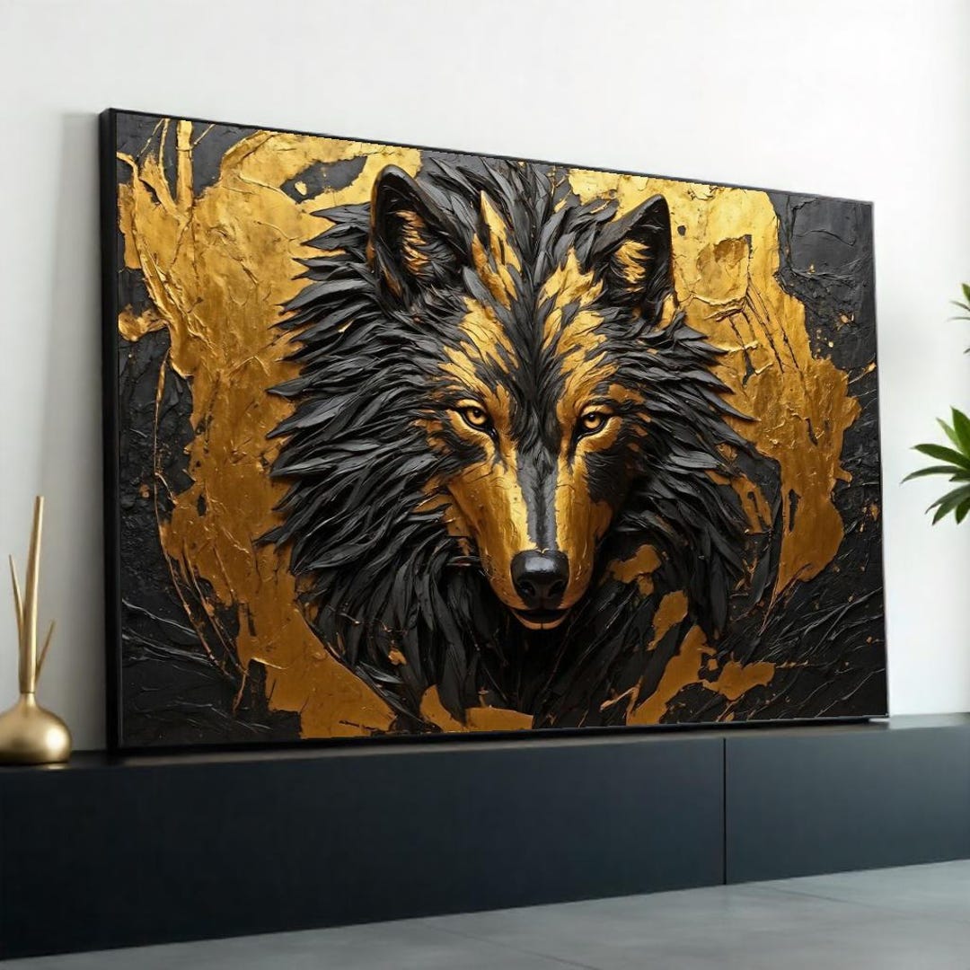 Golden Wolf Canvas, Wolf Wall Art, Abstract Animal Art, Wall Art Canvas ...
