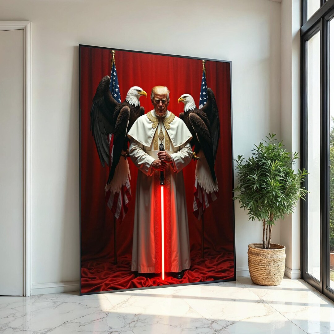 Trump in Pope Costume, With Red Sword, Eagles Behind Him, US President ...
