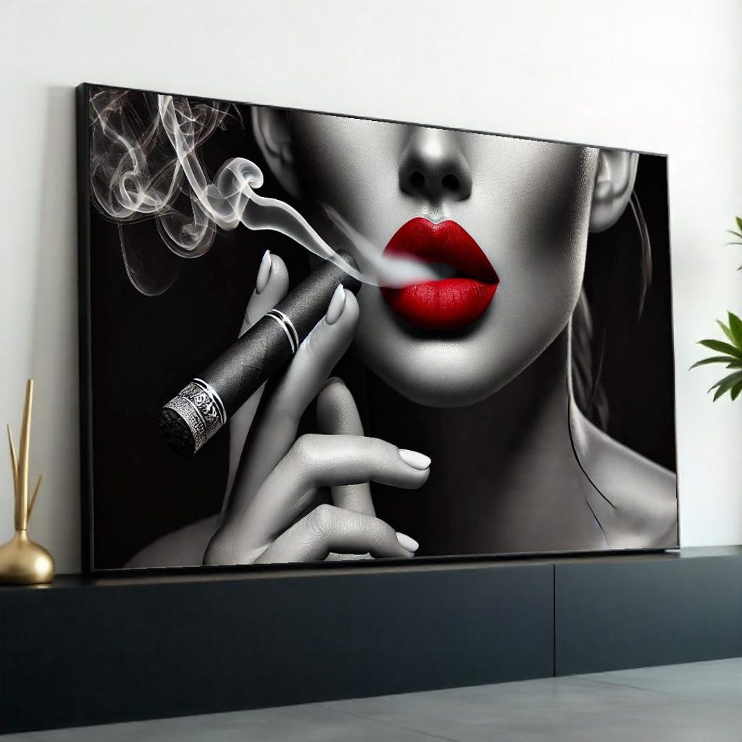 Red Lips Smoking Cigar Canvas, Stylish Portrait Art, Monochrome Red ...