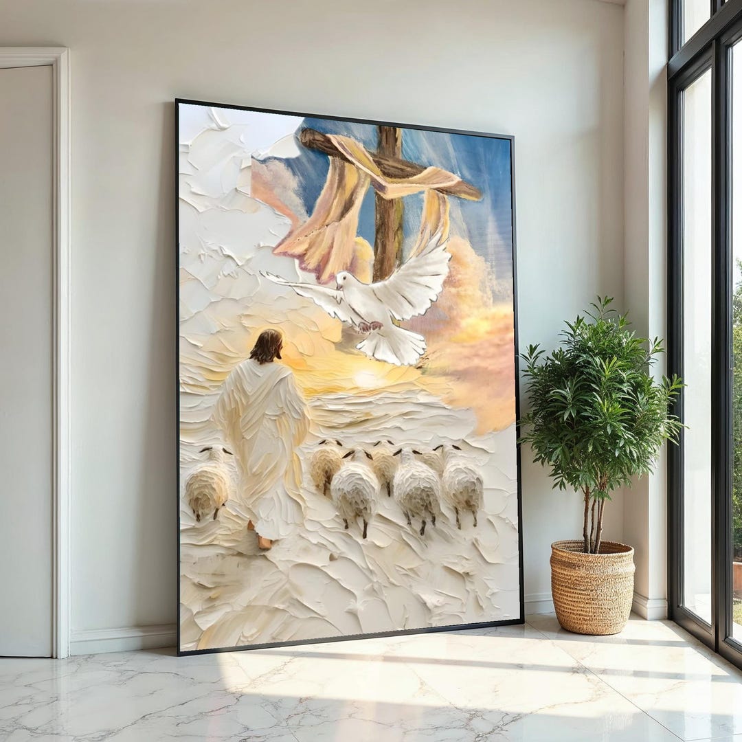 Impasto Good Shepherd Canvas Print – Jesus With Sheep, Dove & Cross ...