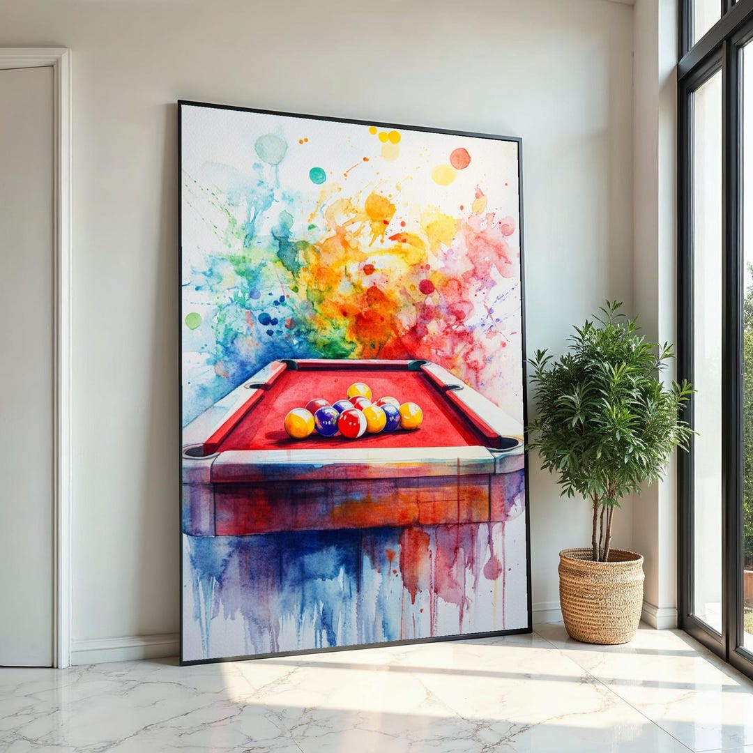 Colorful Pool Table Watercolor Painting, Vibrant Billiards Art With ...