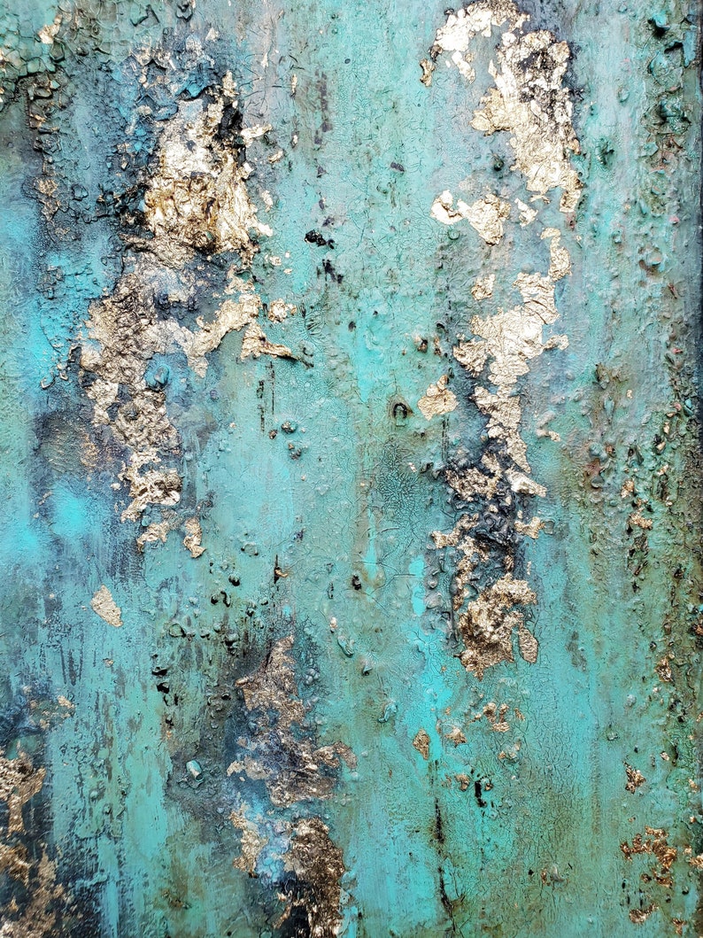 Textured Gold Leaf Turquoise Painting Original Rustic - Etsy
