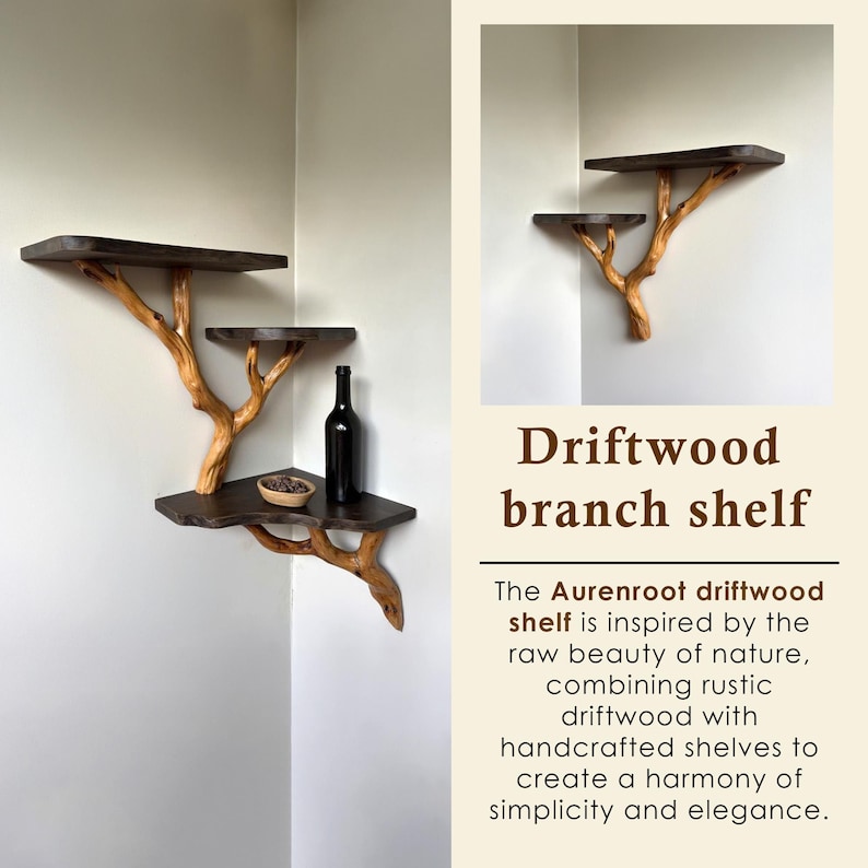 Wood Corner Floating Bookshelf Tree Branch Driftwood Wall Mount ...
