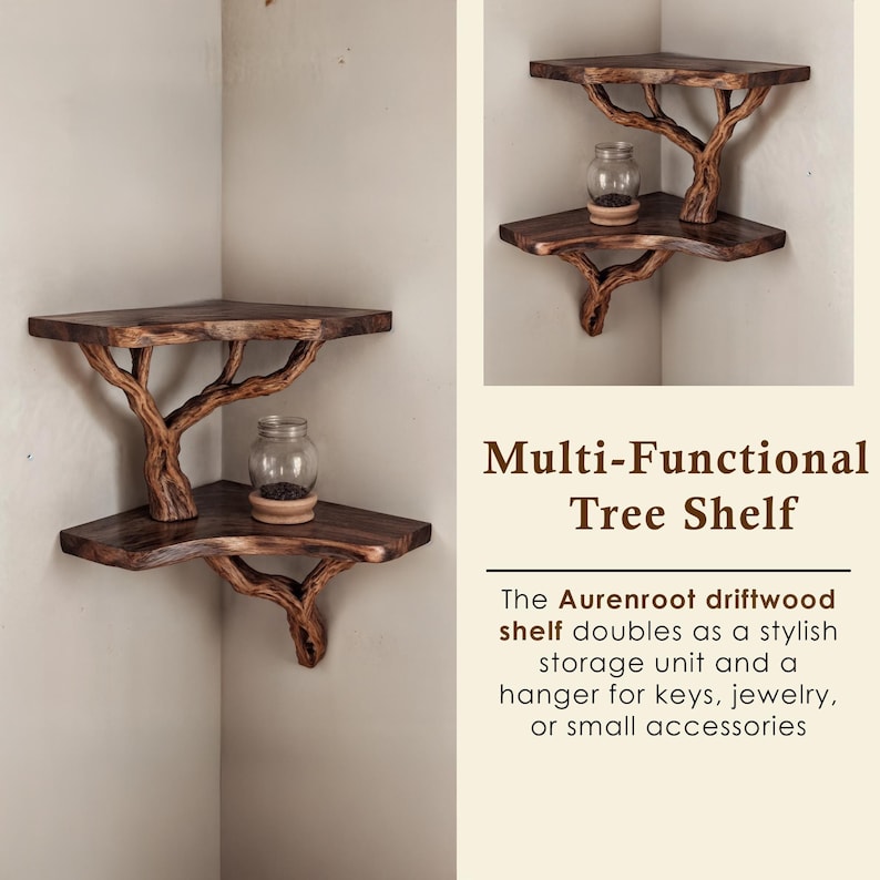 Driftwood Corner Wall Shelf Natural Solid Wood Bookshelf Art Tree ...