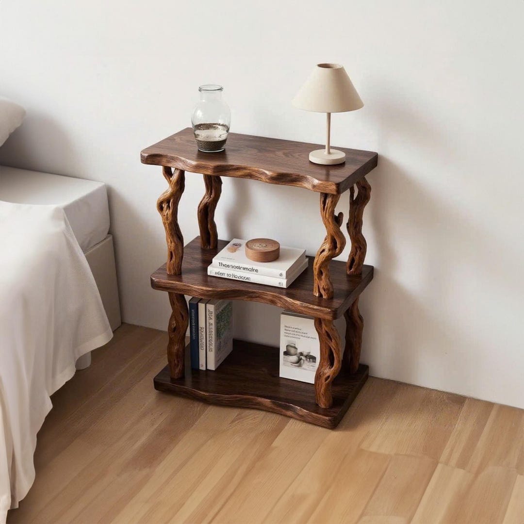 Natural Wood Bookcase Solid Wood Rustic Night Stand Mini Bedside Table ...