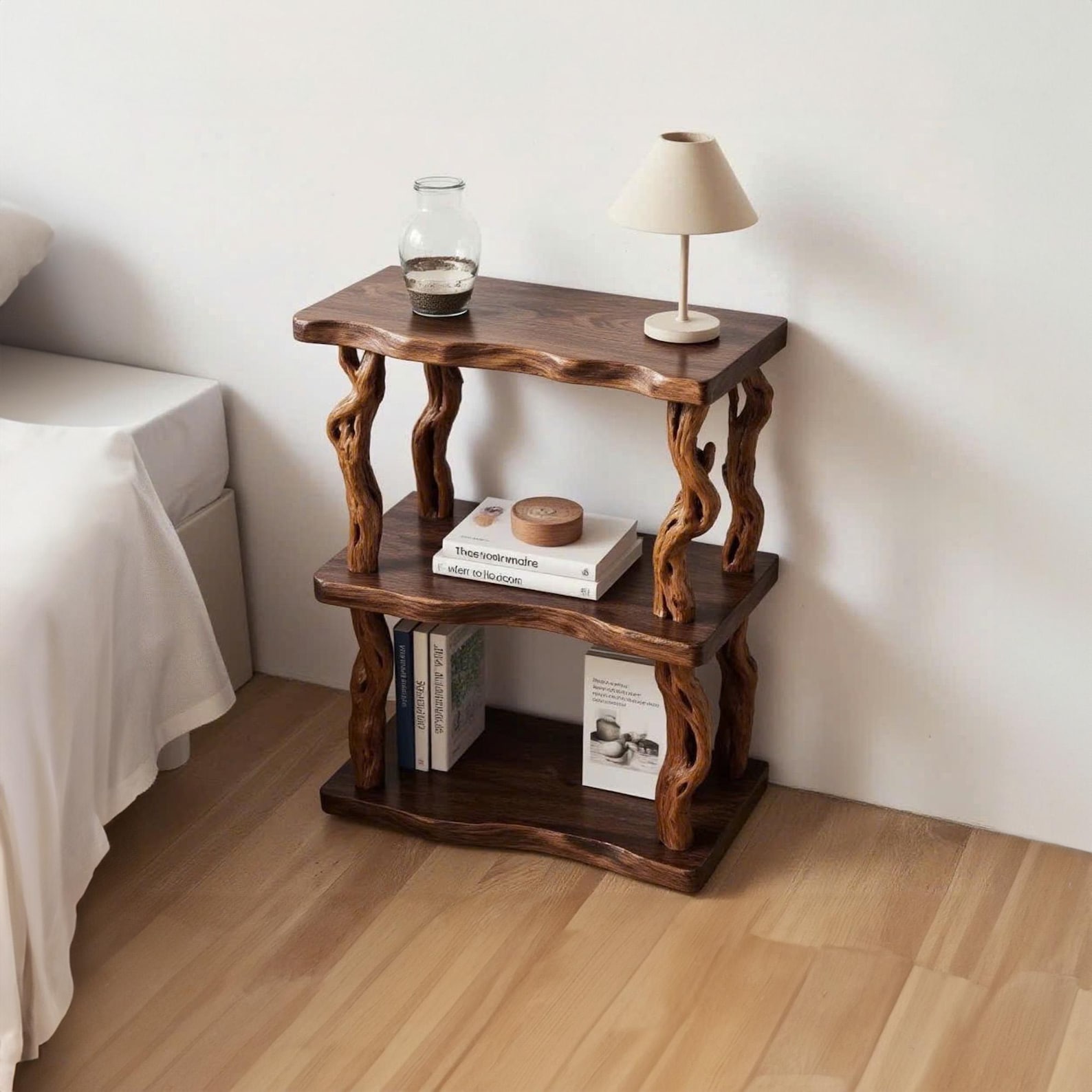 Natural Wood Bookcase Solid Wood Rustic Night Stand Mini Bedside Table ...