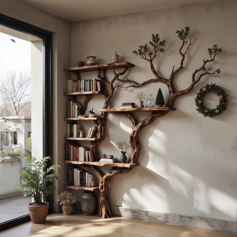 Corner Dark Tree Bookshelf Antique Driftwood Branch Solid Wood Bookcase ...