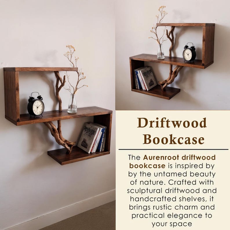 Solid Wood Bookcase Tree Bookshelf Wall Mount Driftwood Branch Shelf ...