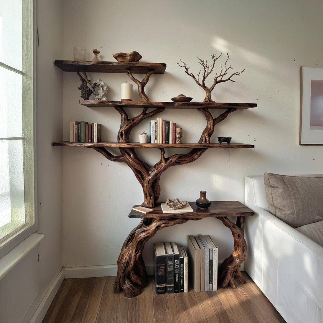 Tree Branch Bookcase Solid Wood Bookshelf Cabinet Floating Wall Mount ...