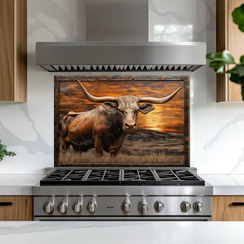 Texas Longhorn Tempered Glass Backsplash, Rustic Copper Kitchen Panel ...