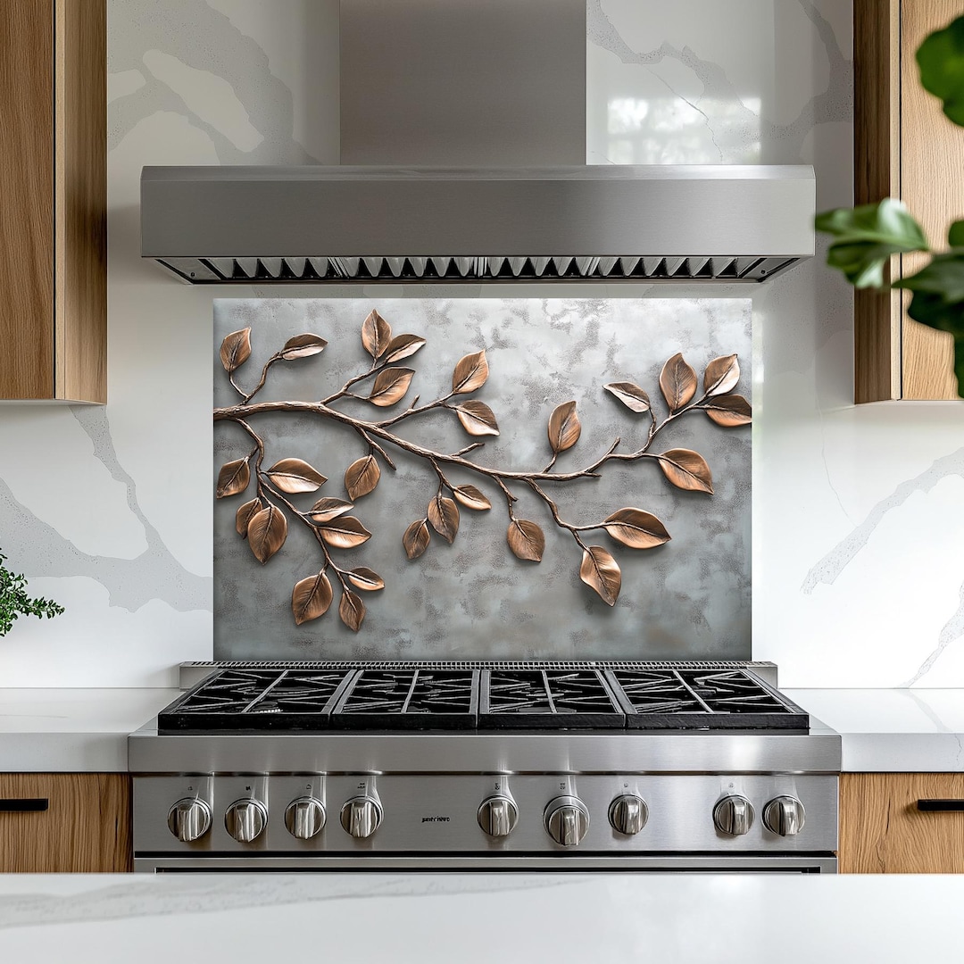 Bronze Leaf Branch Kitchen Backsplash, Tempered Glass Wall Art Decor ...