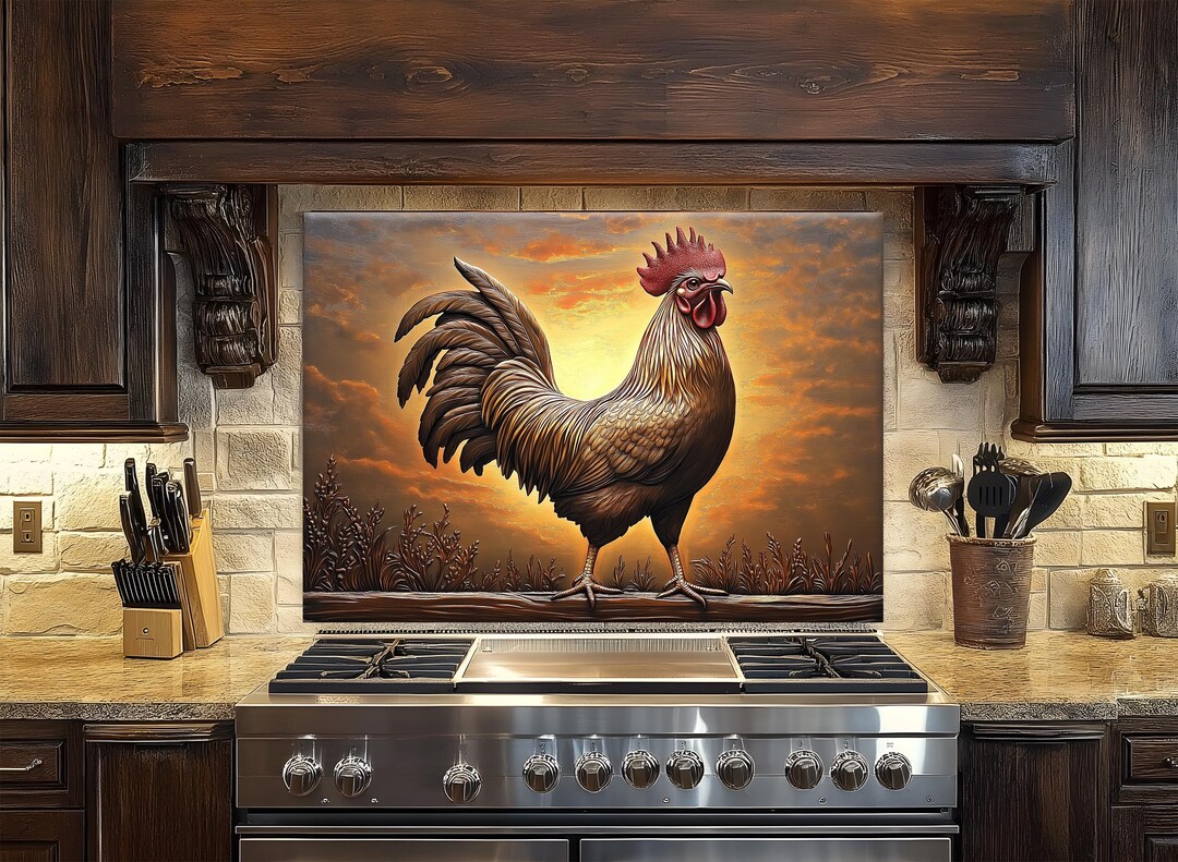 Rustic Rooster Backsplash, Tempered Glass Backsplash for Kitchen ...