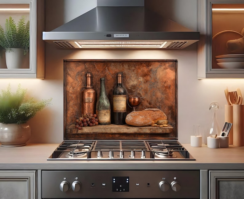 Wine and Bread Tempered Glass Backsplash: Rustic Kitchen Decor - Etsy