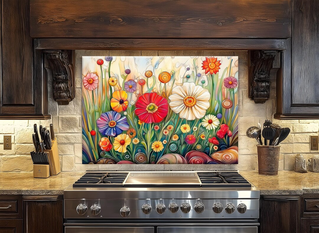 Mosaic Flower Backsplash, Tempered Glass Backsplash for Kitchen, Glass ...