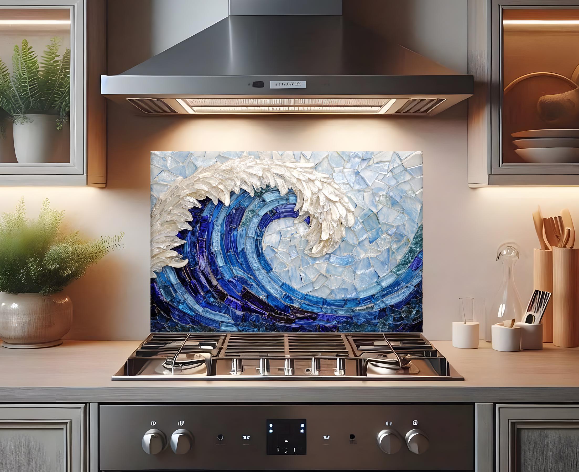 Ocean Wave Glass Backsplash, Blue Mosaic Kitchen Wall Art, Coastal ...