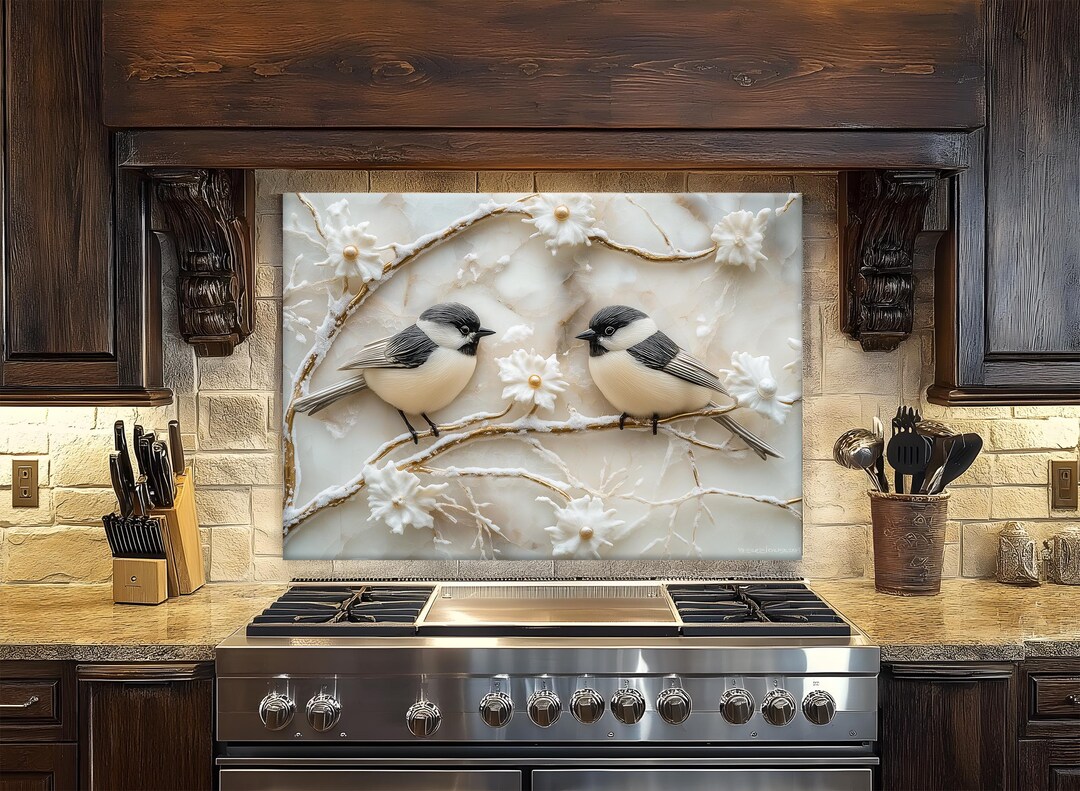 Winter Chickadees on Snowy Branch Backsplash Panel: Tempered Glass ...