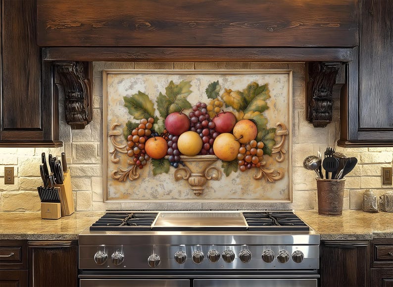 French Country Kitchen Backsplash: Rustic Fruit Core Tempered Glass ...