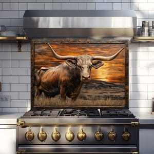 Texas Longhorn Tempered Glass Backsplash, Rustic Copper Kitchen Panel ...