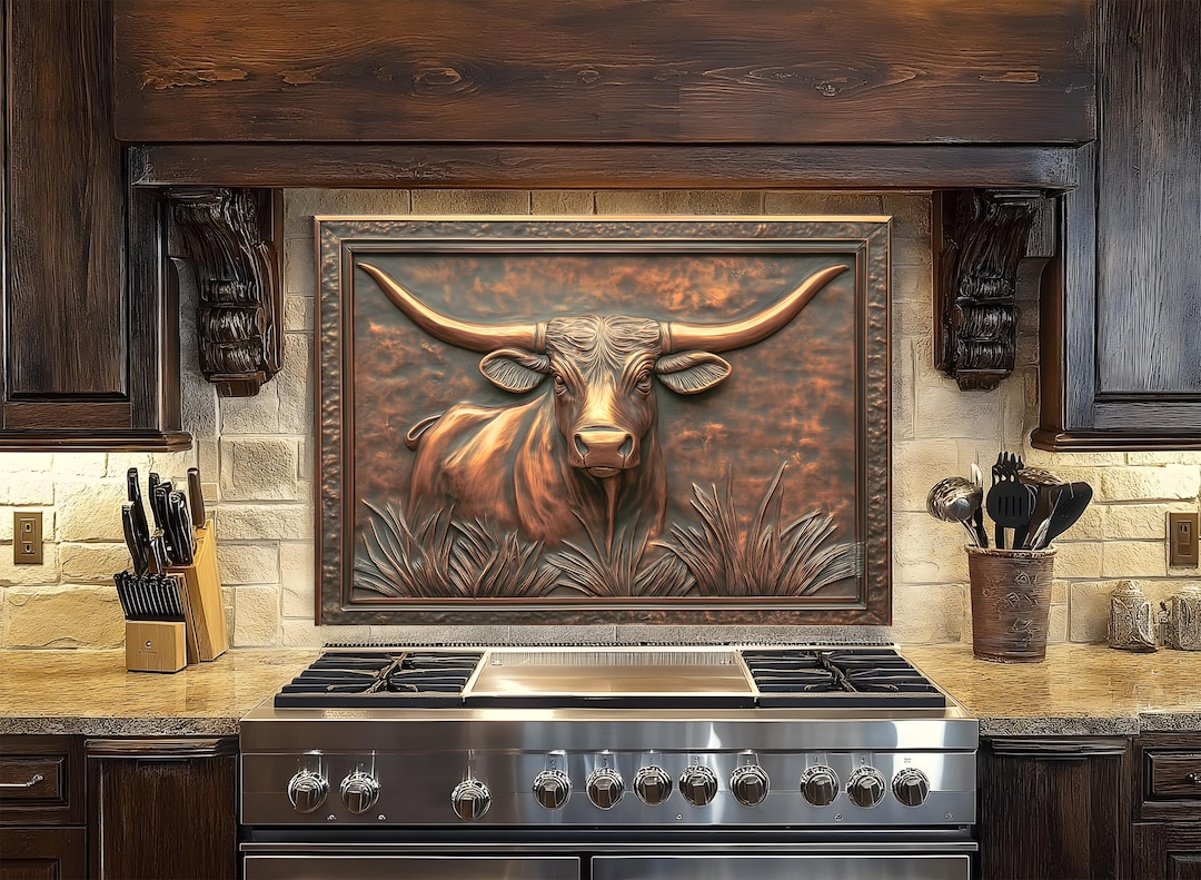 Texas Longhorn Cow Tempered Glass Backsplash, Rustic Copper Look ...