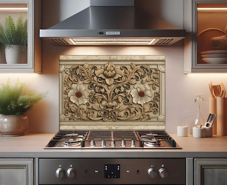 Rustic Stone Style Glass Backsplash: Farmhouse Kitchen Stove Protector ...