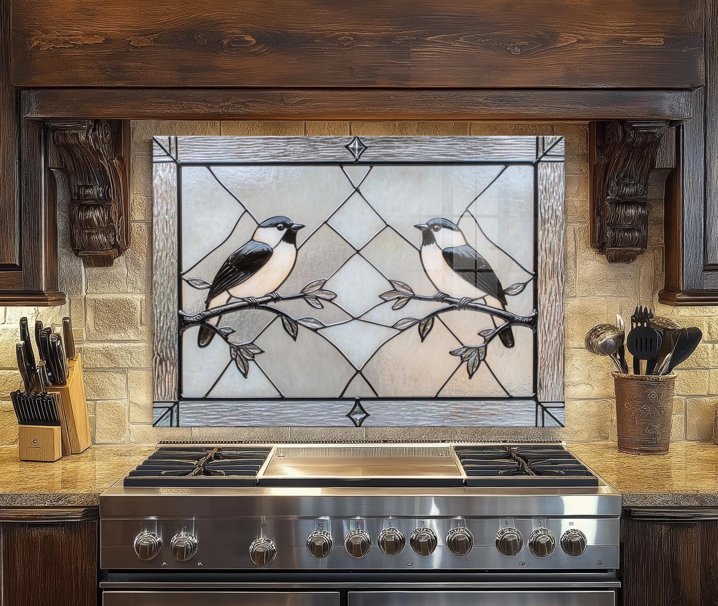 Stained Glass Look Bird Kitchen Backsplash Tempered Glass Wall Art ...
