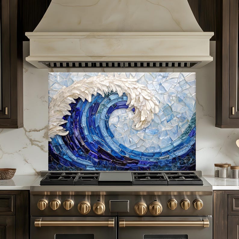 Ocean Wave Glass Backsplash, Blue Mosaic Kitchen Wall Art, Coastal ...