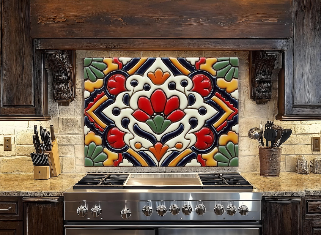 Tempered Glass Backsplash for Kitchen, Mexican Talavera Ceramic Tiles ...