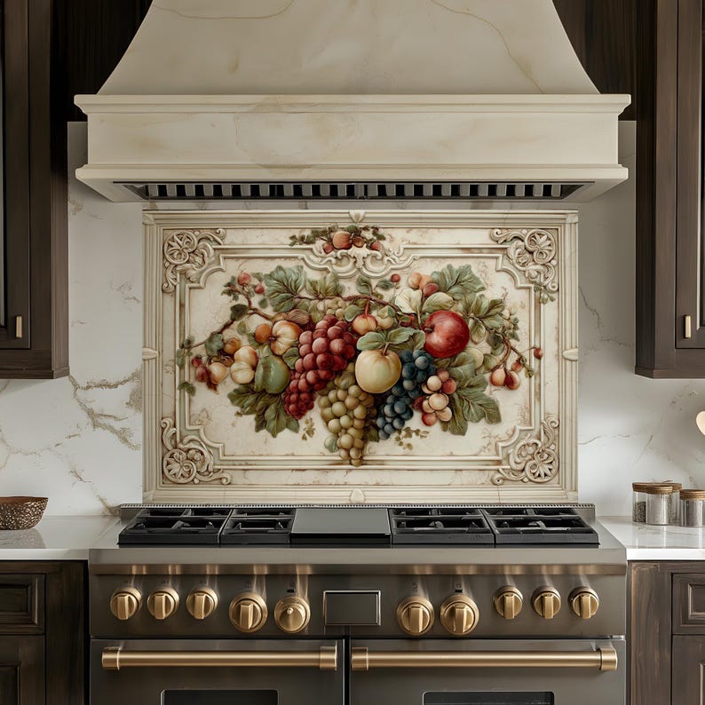 French Country Kitchen Backsplash: Fruit & Stone Tempered Glass Panel ...