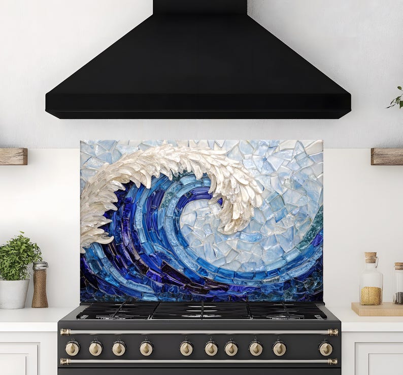 Ocean Wave Glass Backsplash, Blue Mosaic Kitchen Wall Art, Coastal ...