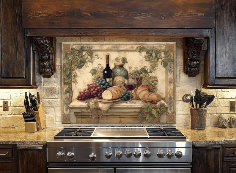 Tempered Glass Backsplash French Country Style, Rustic Bread and Wine ...