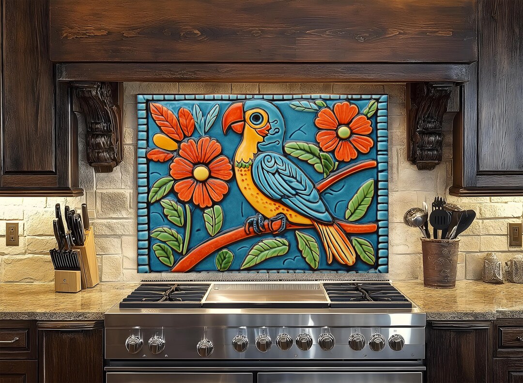 Tempered Glass Backsplash for Kitchen, Mexican Talavera Ceramic Bird ...