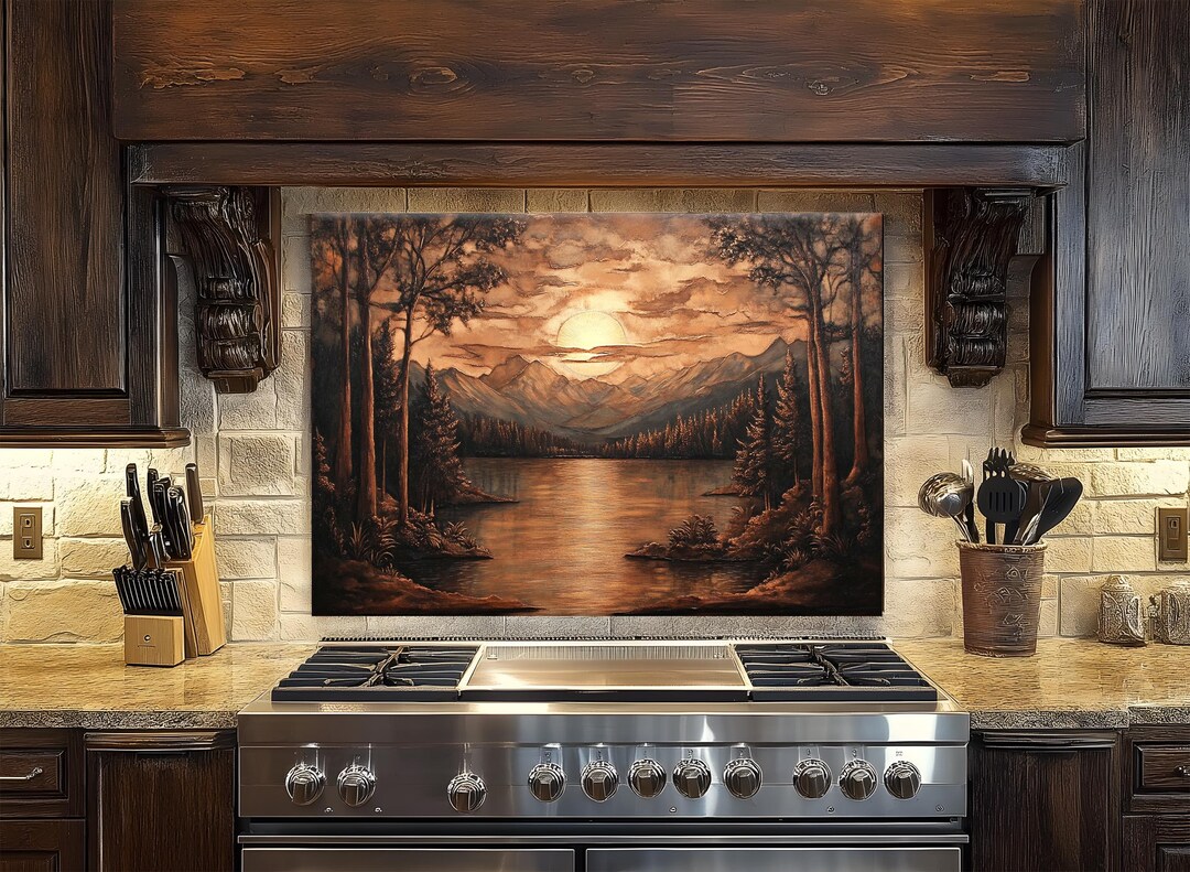 Rustic Landscape Tempered Glass Backsplash: Copper Look Glass ...