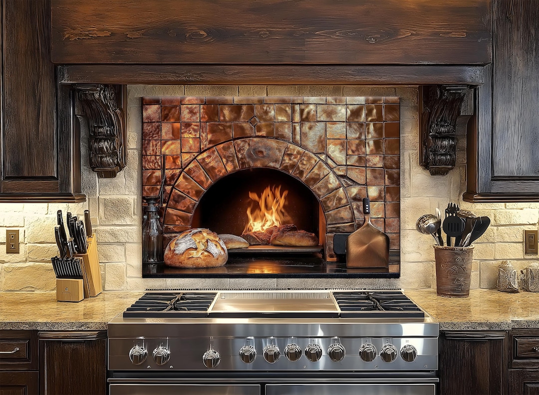 Brick Oven Glass Backsplash for Kitchen, Rustic Copper Look Tempered ...