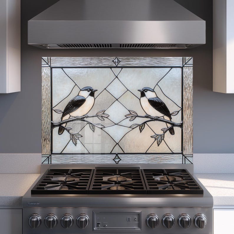 Stained Glass Look Bird Kitchen Backsplash Tempered Glass Wall Art ...