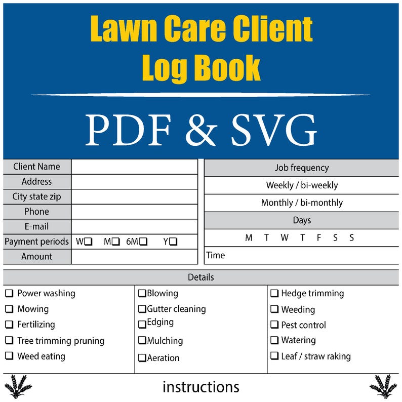 Lawn Care Client Log Book: Landscape Appointment Tracker (PDF & SVG ...