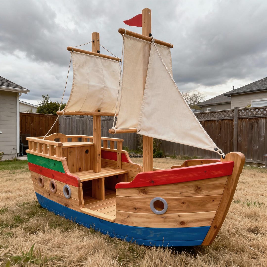 Large Wooden Pirate Ship For Kids, Outdoor Children's Pretend Play Ship ...