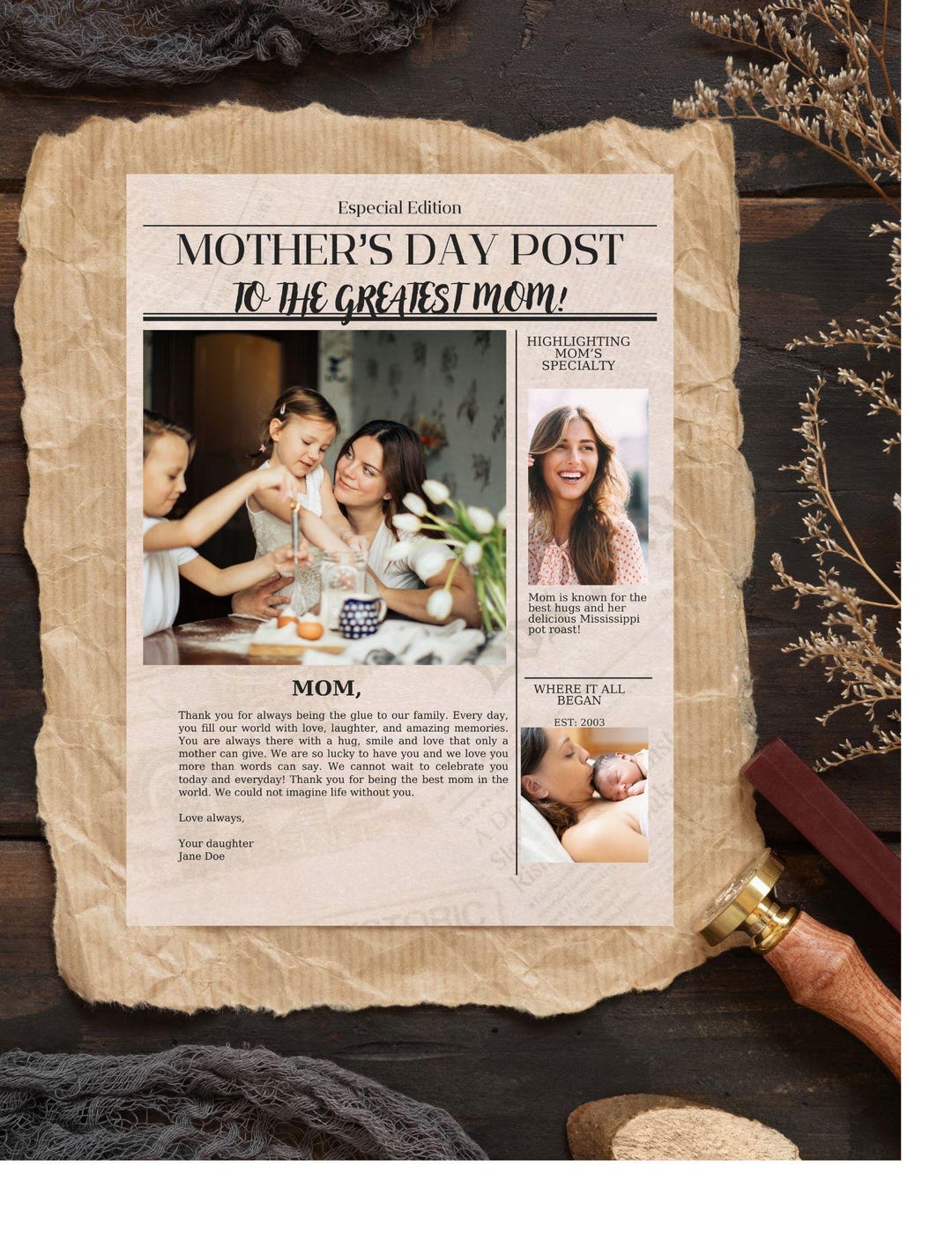 Editable Mother's Day Newspaper Template, Personalized Mother's Day ...